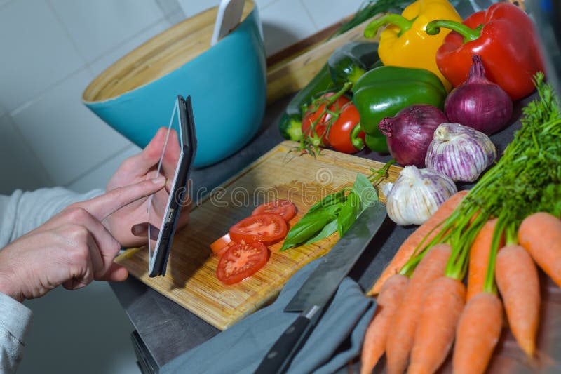 Man Chopping Vegetables in Kitchen Stock Image - Image of life ...