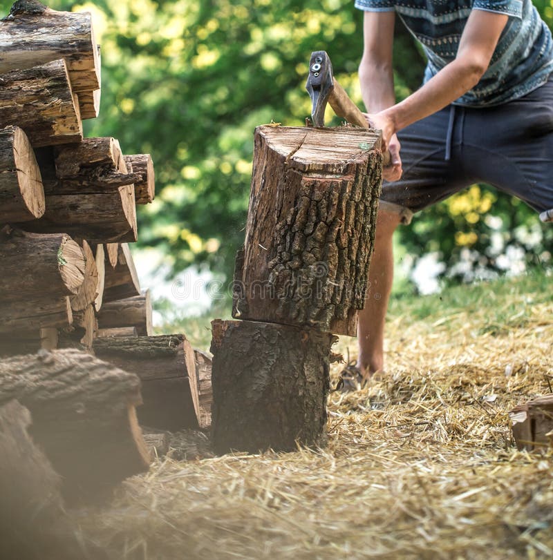 Man Chopping Wood with an Axe Stock Photo - Image of logging, lumberman ...