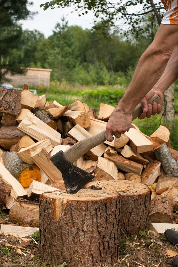 Man is Chopping Wood with Axe Stock Image - Image of logger, power ...