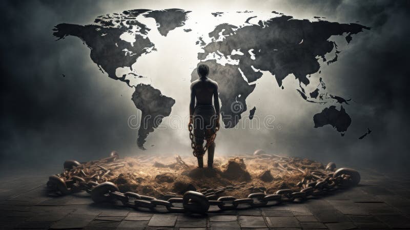 A Man in a Circle of Chains, Against the Backdrop of a World Map, Day ...