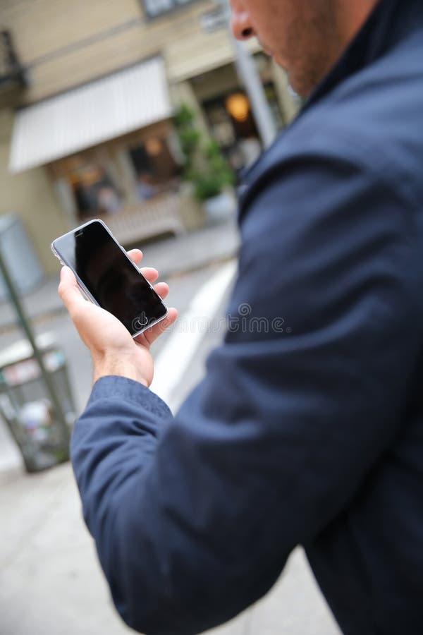 Man in City Street Using Smartphone Stock Photo - Image of closeup ...