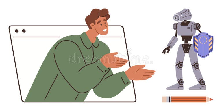 Man Interacting with Robot through Digital Window, Symbolizing ...