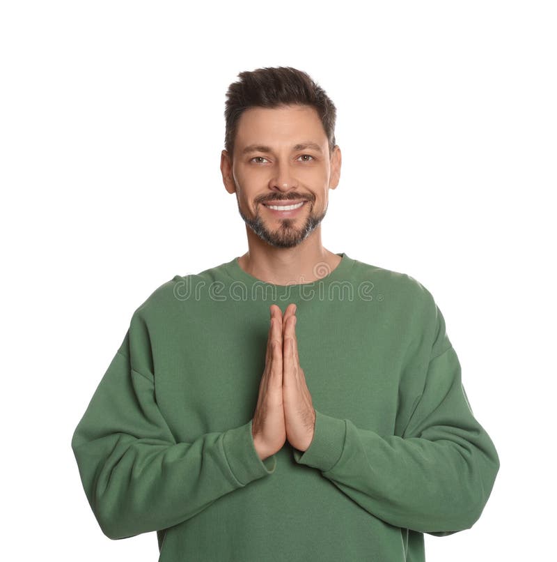 Man with Clasped Hands Praying on White Background Stock Photo - Image ...