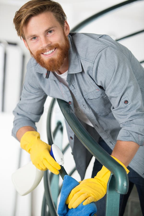 Man Clean Banister Staircase Stock Image - Image of atomiser, housework ...