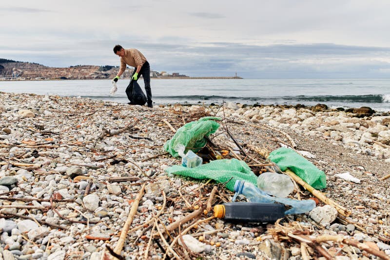 The Man Clean the Beach from Plastic. Concept To Save the Planet. Stock ...
