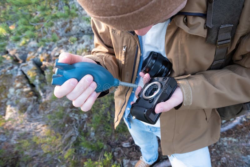 Man Clean Camera Lens from Dust Outdoor Stock Photo - Image of ...