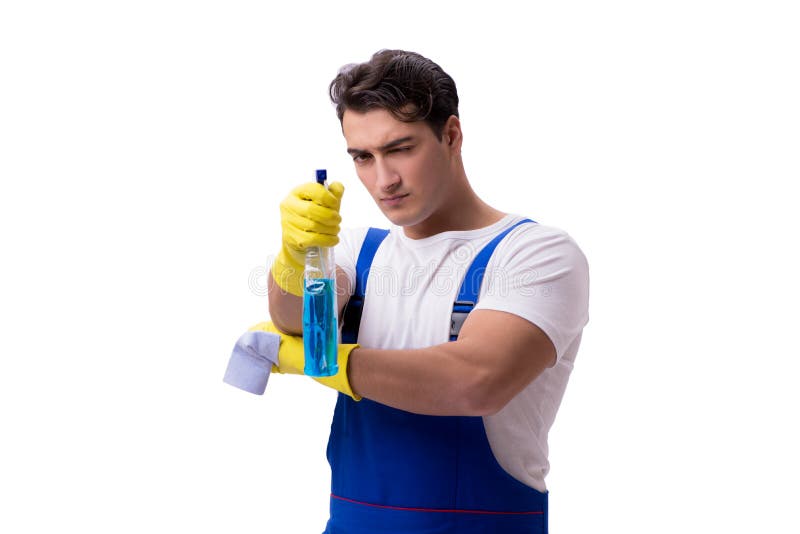Man with Cleaning Agents Isolated on White Background Stock Photo ...