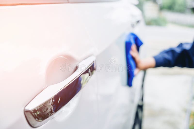 Man Cleaning Car with Microfiber Cloth White Car Stock Image - Image of ...