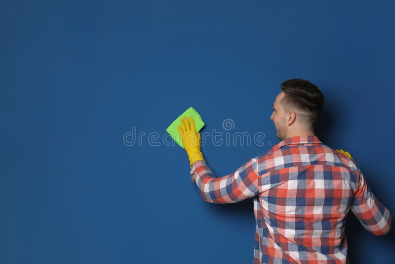 Man Cleaning Color Wall with Rag Stock Image - Image of mess, adult ...