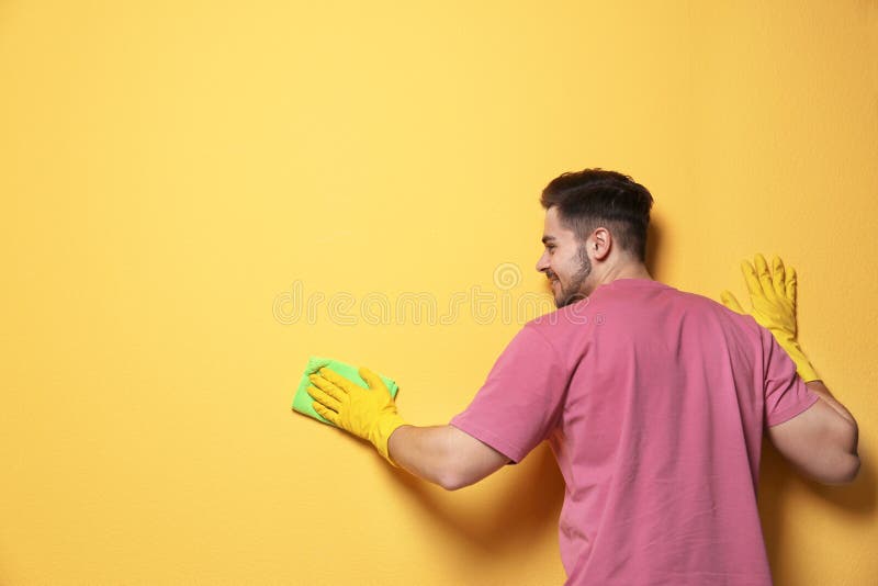 Man Cleaning Color Wall with Rag Stock Image - Image of mess, adult ...