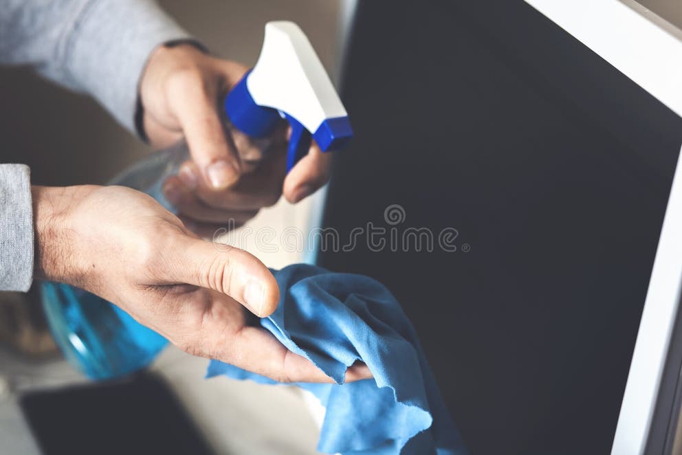 Man Cleaning Dusty Laptop Screen with Wipe Stock Image - Image of care ...