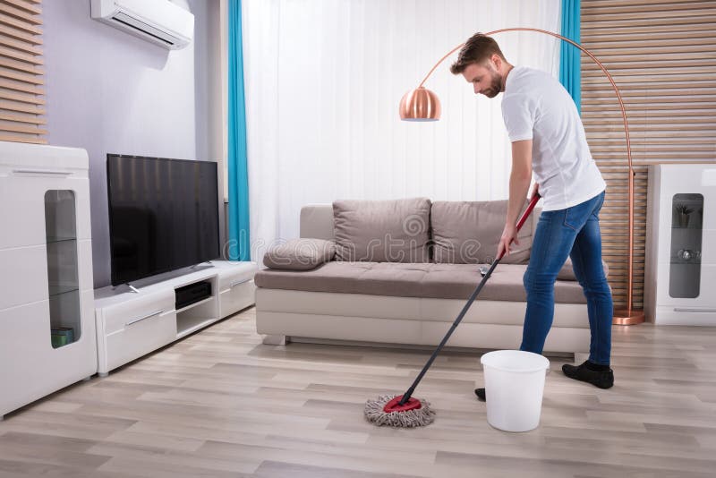 Man Cleaning Floor with Mop Stock Image - Image of housekeeping, office ...