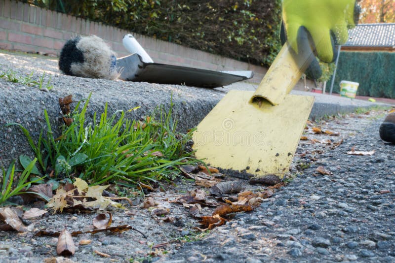 Man is cleaning the gutter stock photo. Image of debris - 130744504