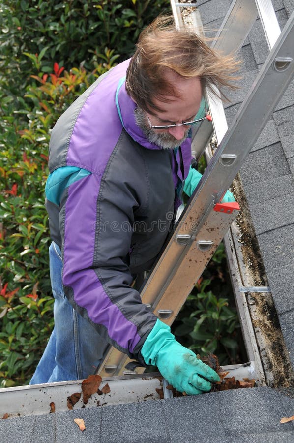 Man cleaning gutters stock photo. Image of home, fall - 11896992