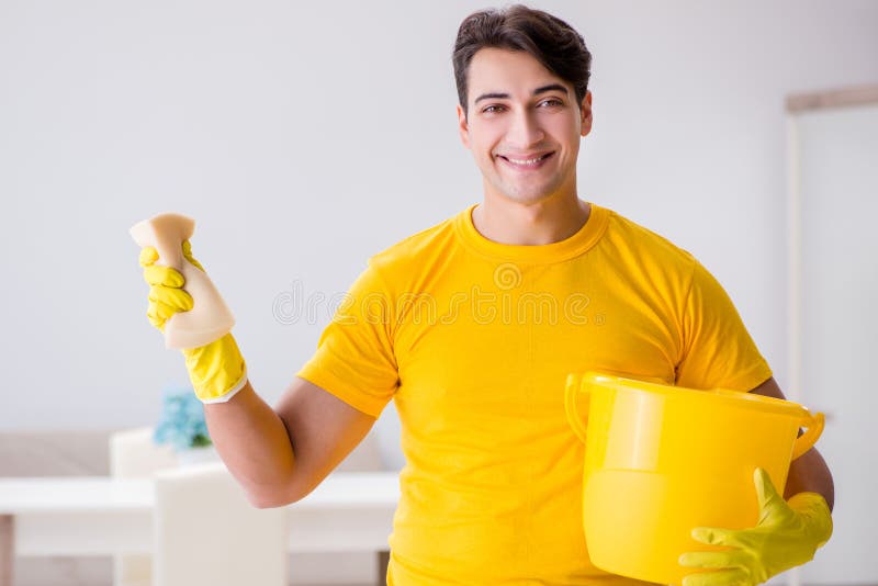 The Man Cleaning the House Helping His Wife Stock Image - Image of ...