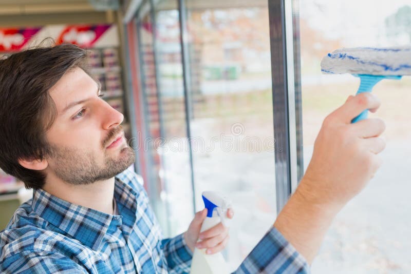 Man Cleaning Inside Window Pane Stock Photo - Image of dirt, plaid ...