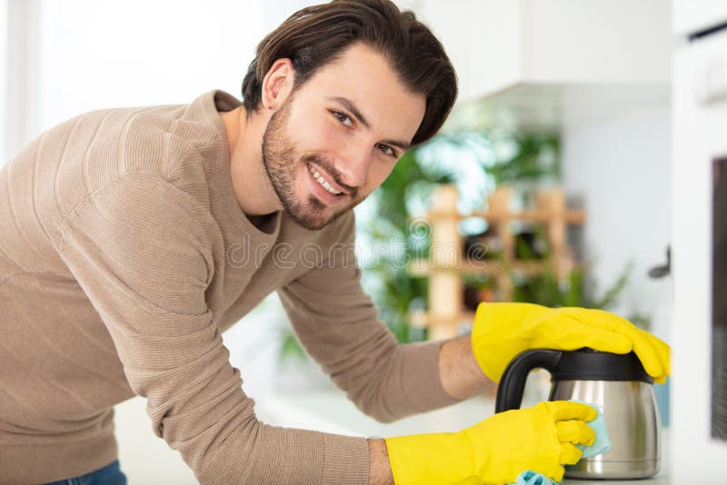 Man Cleaning Kettle in Home Stock Image - Image of technology, white ...