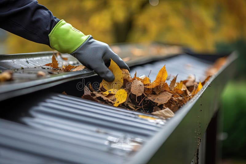 A Man Cleaning Leaves in a Rain Gutter on a Roof. Generative AI Stock ...