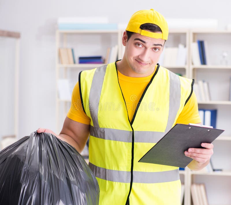 Man Cleaning the Office and Holding Garbage Bag Stock Photo - Image of ...