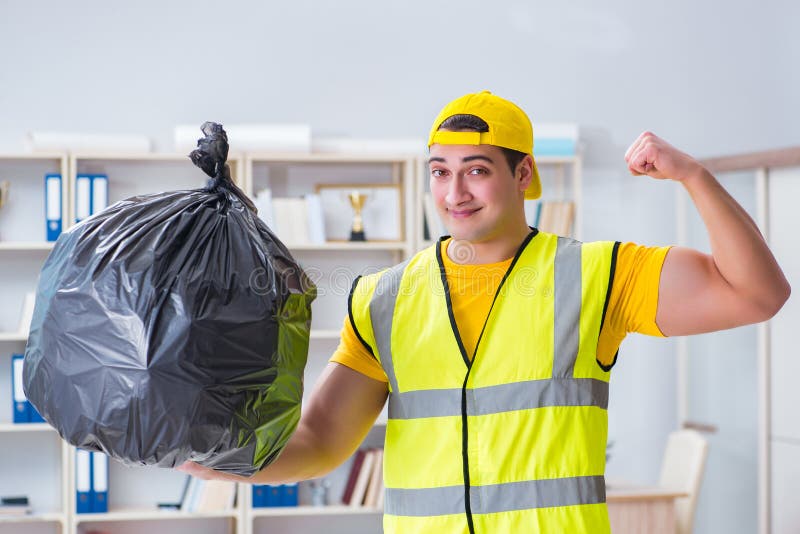 The Man Cleaning the Office and Holding Garbage Bag Stock Image - Image ...
