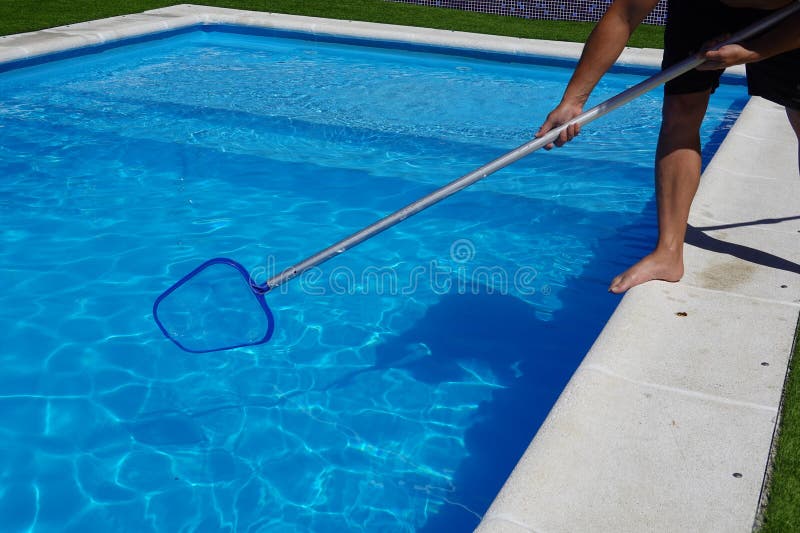 Man Cleaning the Pool Surface with Pool Cleaner Mesh or Skimmer Stock ...