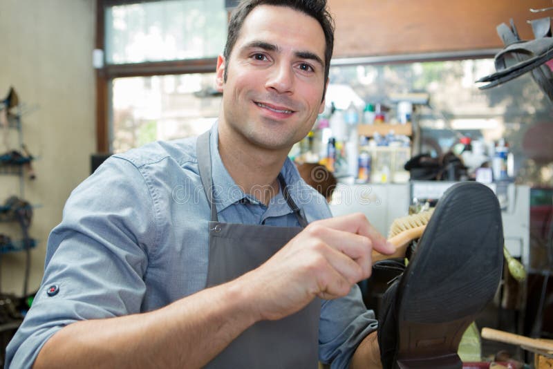 Man Cleaning Shoes with Brush Stock Image - Image of shoemaker, cream ...