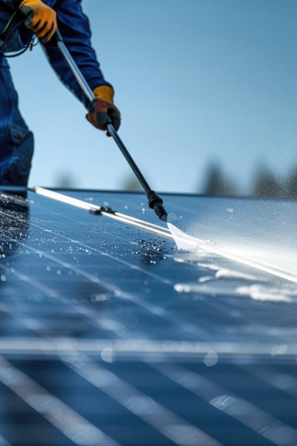 A Man is Cleaning a Solar Panel on a Rooftop Stock Photo - Image of ...