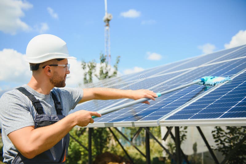 Man Cleaning, Solar Power Washing Stock Image - Image of construction ...
