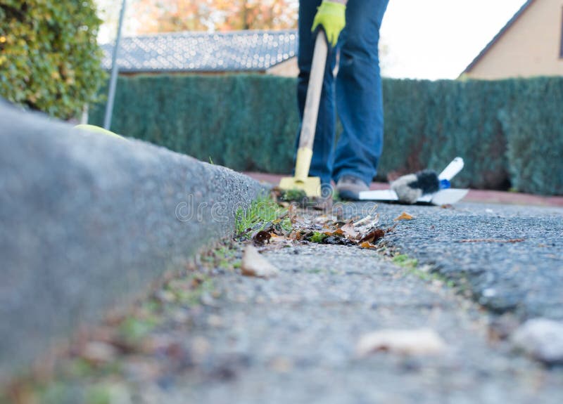 Man is cleaning the gutter stock photo. Image of leaves - 130744442