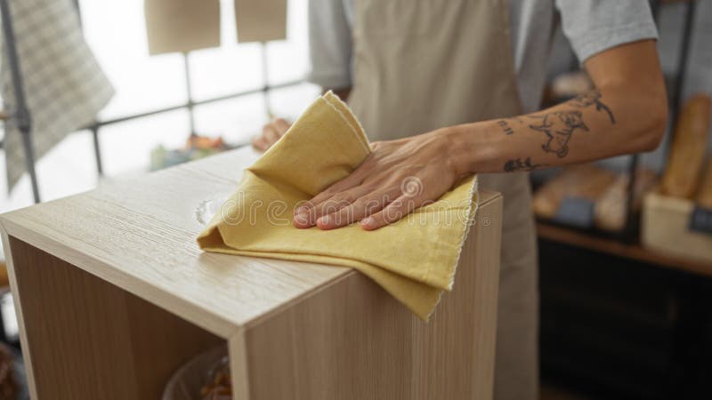 Man Cleaning Surface with Cloth in Bakery Shop Showcasing Bread Display ...