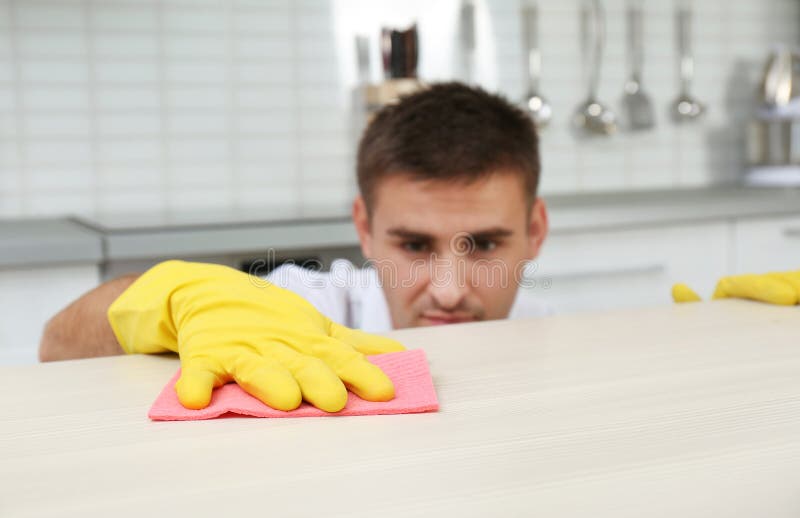 Man Cleaning Table with Rag Stock Photo - Image of kitchen, hygiene ...