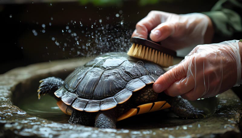 Man Cleaning Turtle Shell with Brush, Water Splashes, Animal Care ...