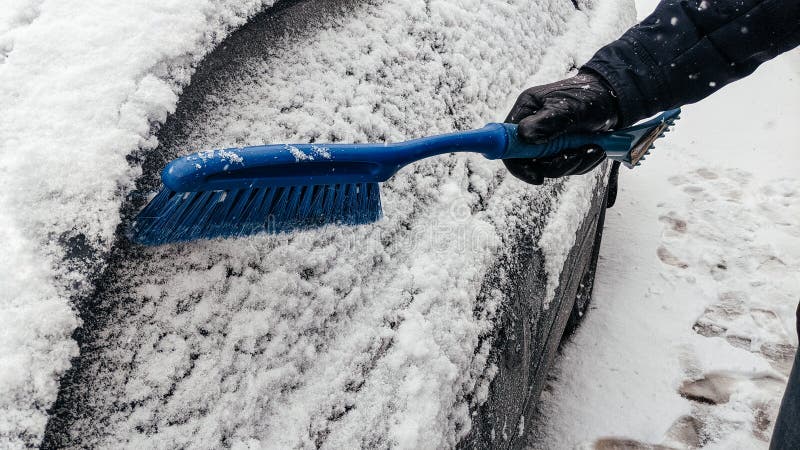 Man Cleans Car from Snow with Brush. Stock Image - Image of storm ...