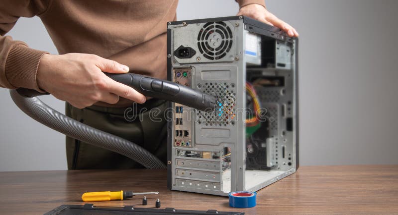Man Cleans a Computer Case with a Vacuum Cleaner Stock Illustration ...