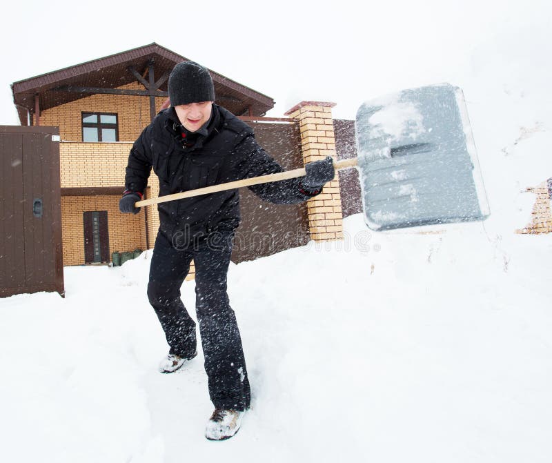 Man Cleans Snow Around the House Stock Image - Image of digging, human ...