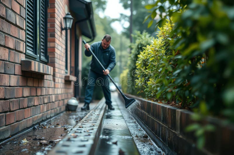 Man Clearing Blocked Rain Gutter Stock Illustration - Illustration of ...