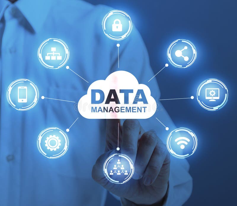 Man Clicking on Data Management Cloud on Digital Screen with Multimedia ...