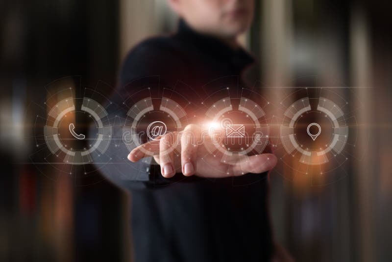 Man Clicking on a Virtual Screen on a Contact Icon Stock Illustration ...