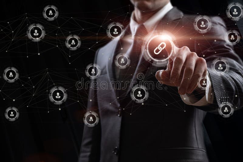 A Man Clicks the Link Icon in the Network Connecting Users Stock Photo ...
