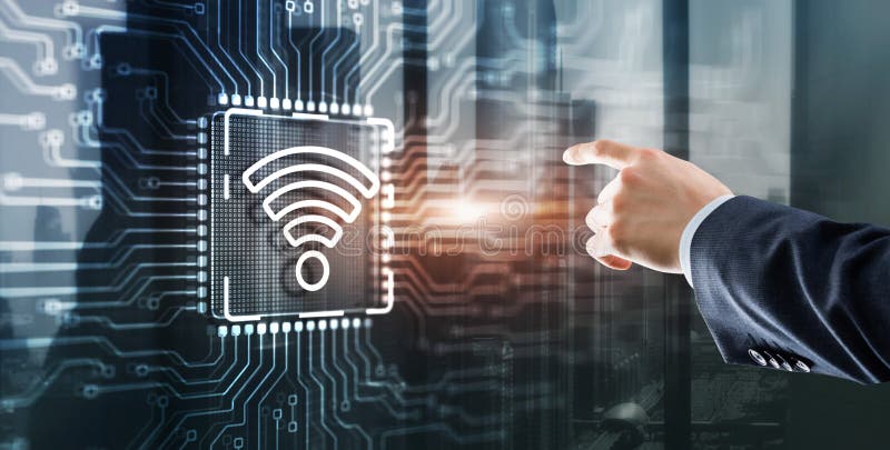 Man Clicks on the Logo Wireless Internet Connection Communication ...