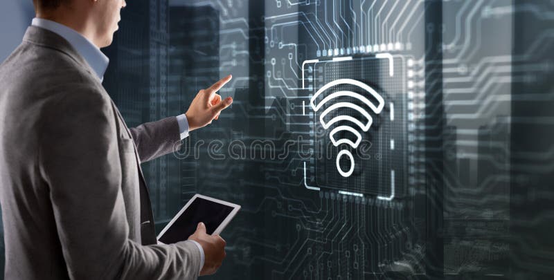 Man Clicks on the Logo Wireless Internet Connection Communication ...