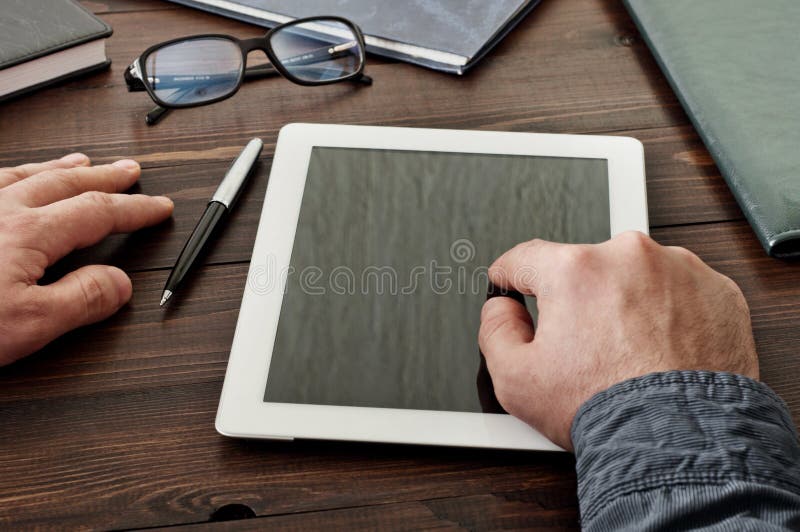 Man Clicks on Tablet Computer Screen Closeup Stock Photo - Image of ...
