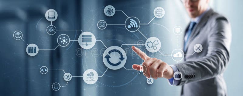 Man Clicks on the Update Icon. Upgrading Concept Stock Illustration ...