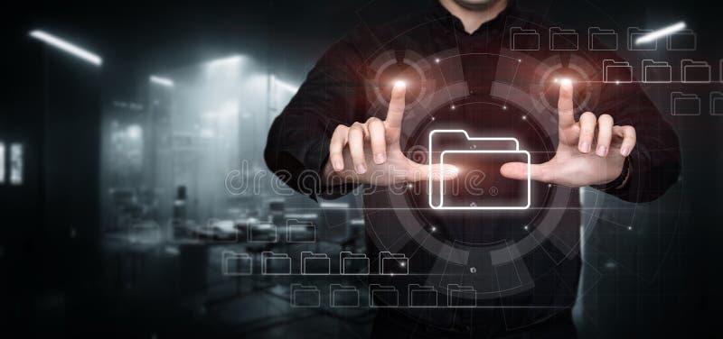 A Man Clicks on a Virtual Screen on a Document Folder or File Stock ...
