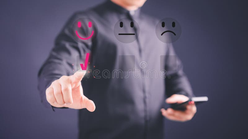 Client Man S Hand Showing a Happy Smiling Face with 5 Stars. Customer ...