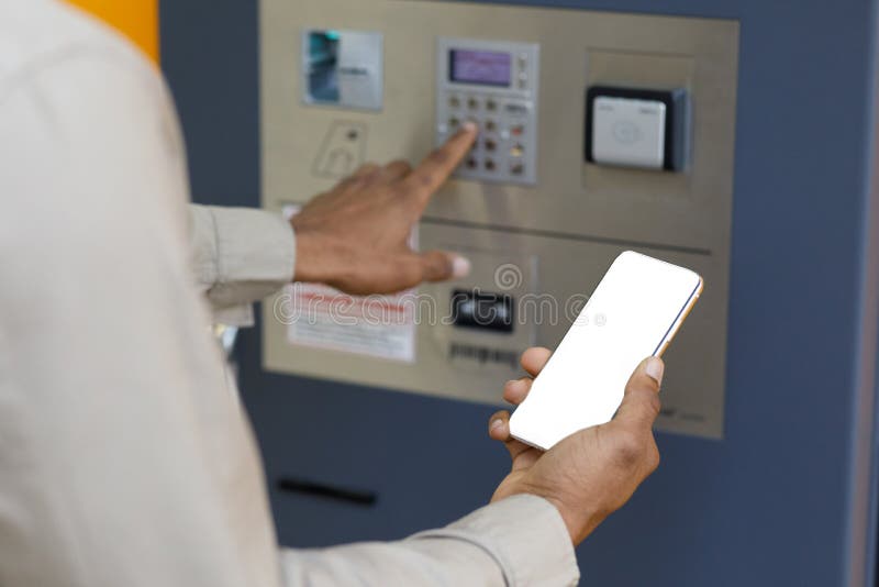 Man Client Using Automated Self Service Post Terminal Machine or Locker ...