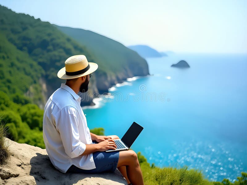Man on Cliff with Laptop, Gazing at Ocean and Mountains Stock ...