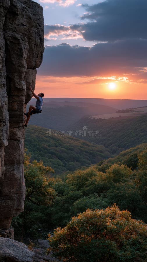 Man Climbing Rock Face Sunset Over Forest Landscape Stock Photos - Free ...