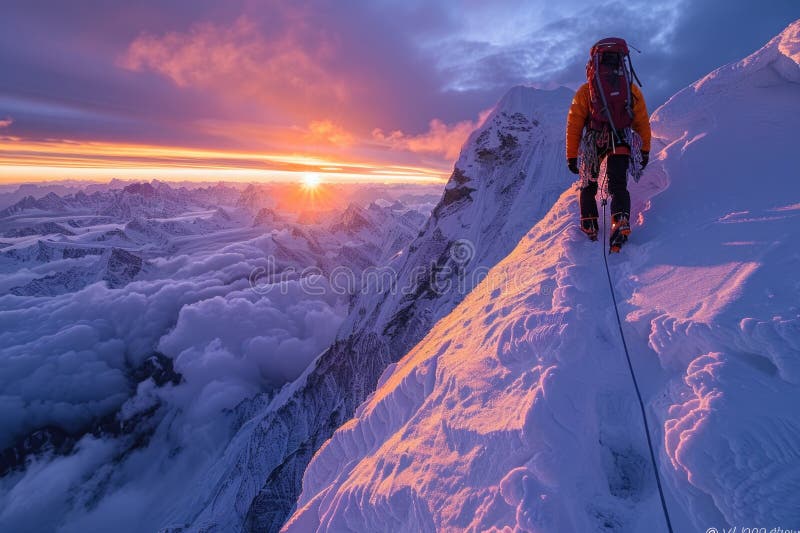 Man Climbing Snow Covered Mountain Stock Image - Image of challenge ...