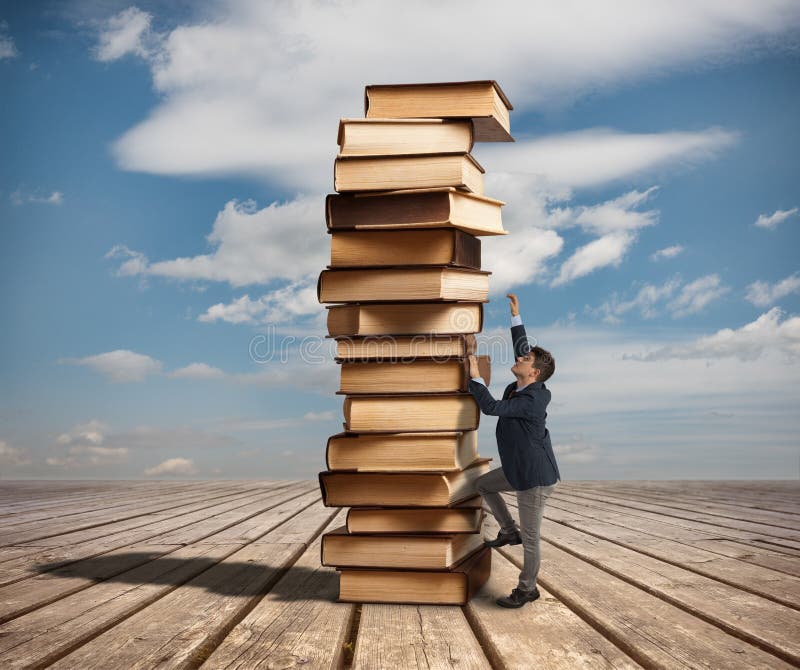 Man Climbing a Stack of Books Stock Image - Image of concept, blue ...